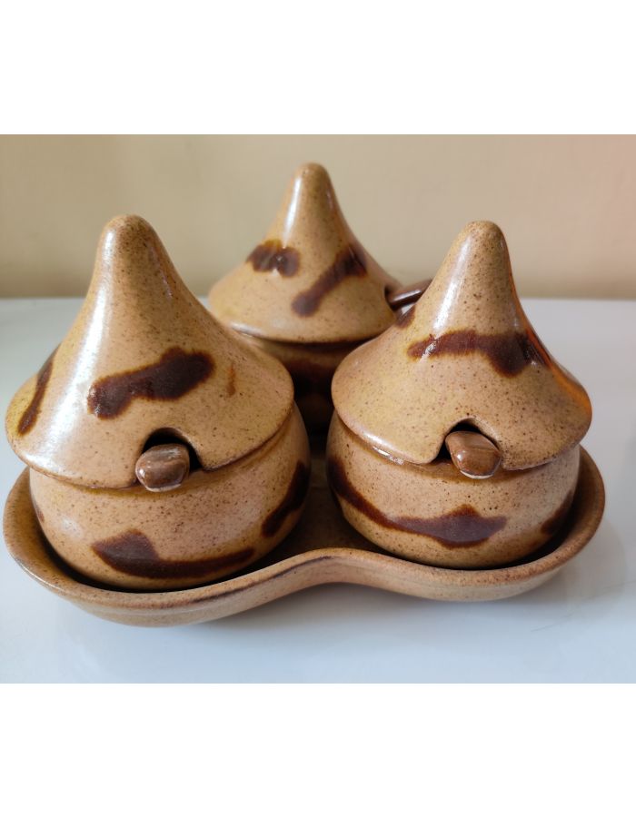Beautiful ceramic pickle jar matka shape set of 3 with tray and spoon