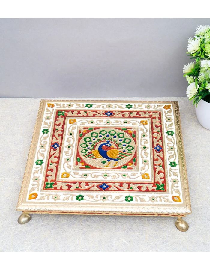 Choki Wooden golden meenakari 8×8 inches chowki