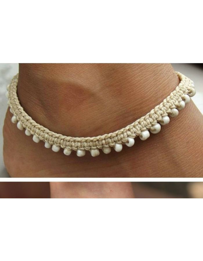 Anklet handmade thread anklet with beads white