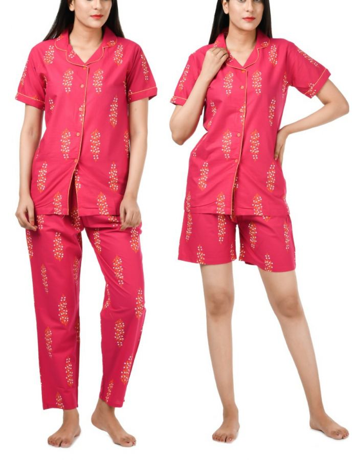 Night dress 3 piece cotton night suit red print