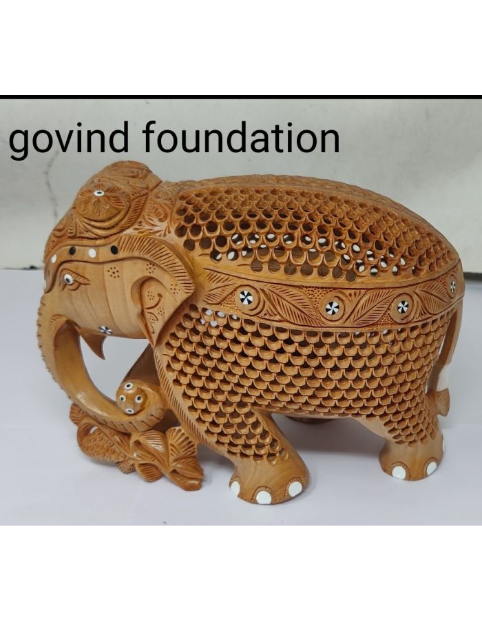 Wooden Elephant Sculpture Cutwork 8 inches Trunk down Handmade Elephant ...