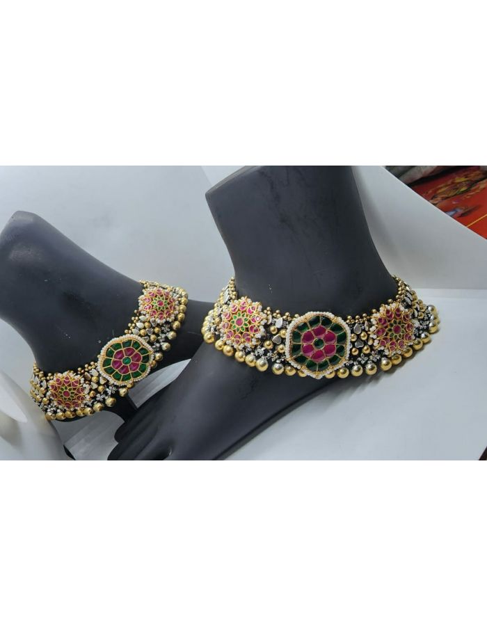 Silver Anklet Amrapali design with Red stone Silver payal