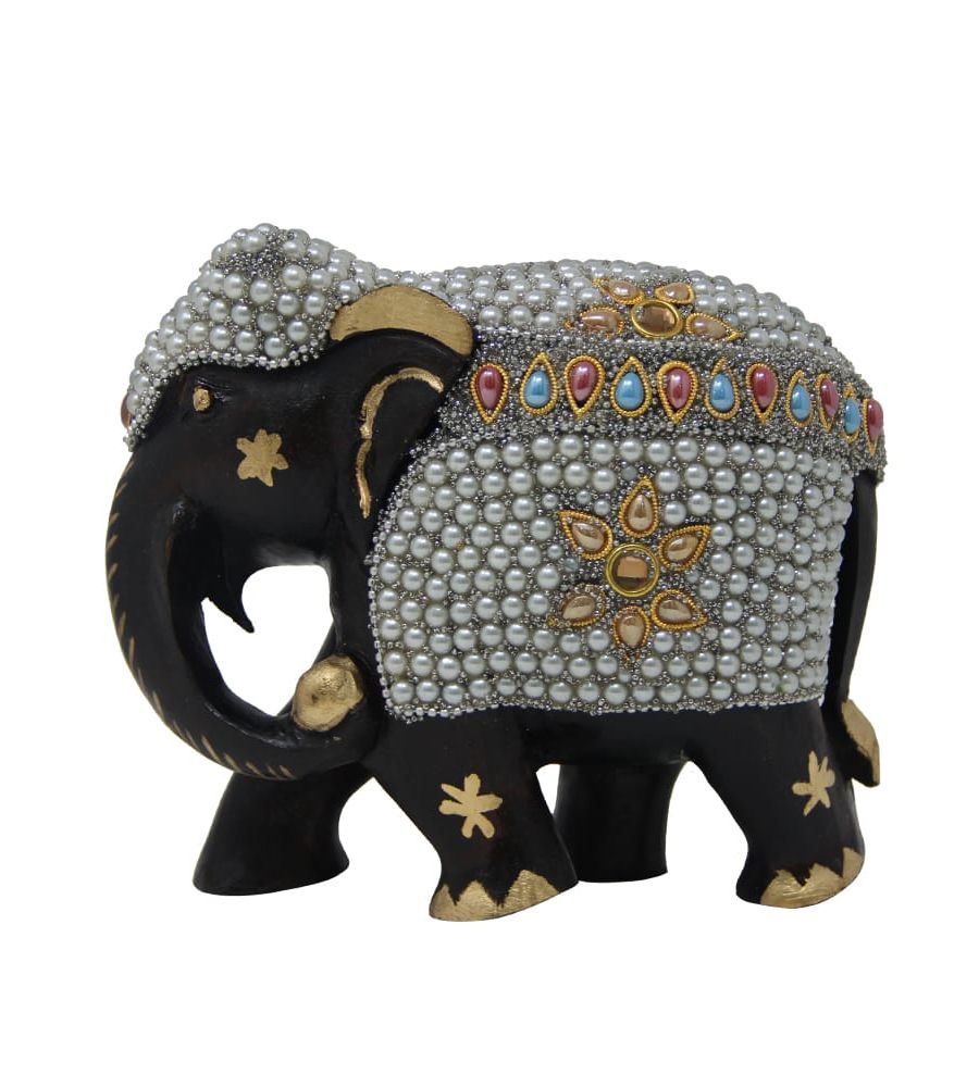 Wooden elephant with stone pearl work elephant showpiece