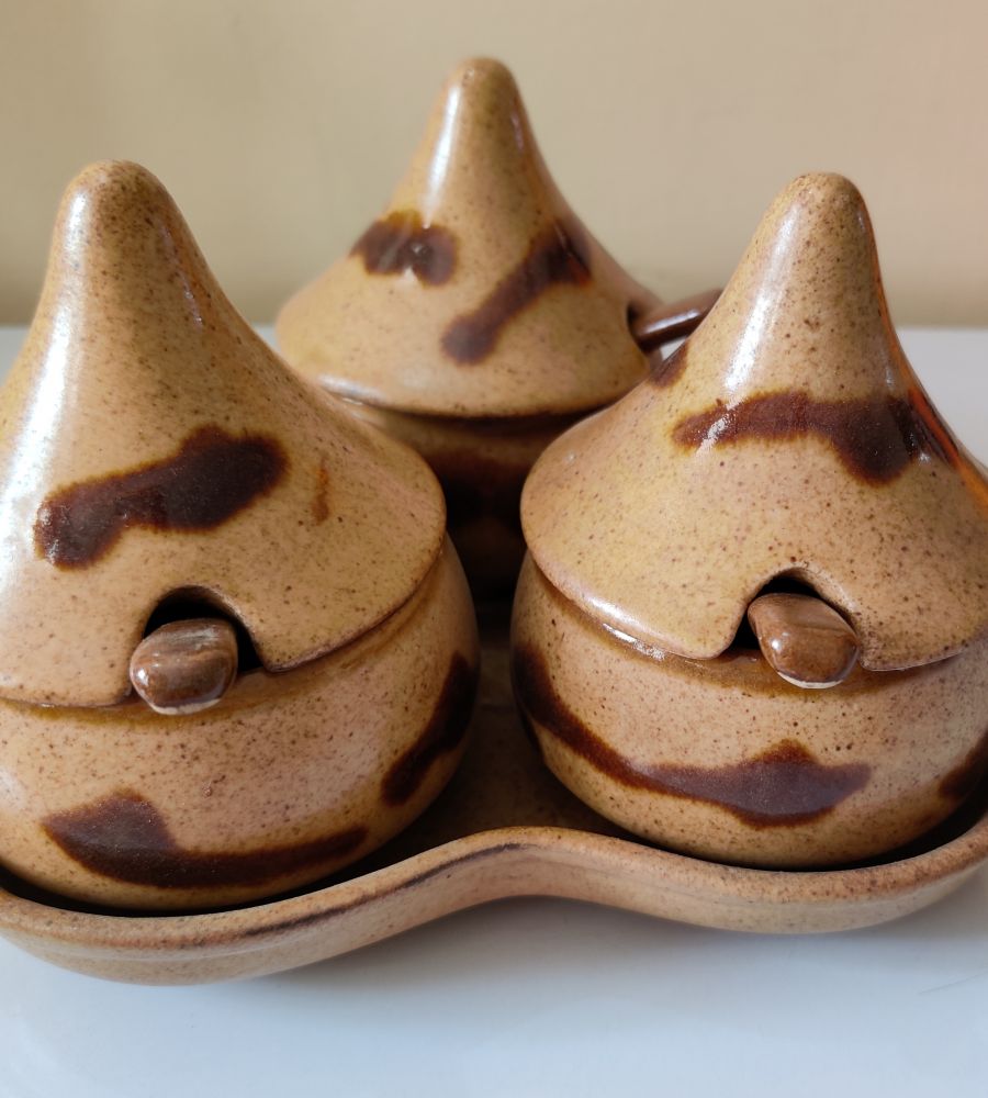 Beautiful ceramic pickle jar matka shape set of 3 with tray and spoon