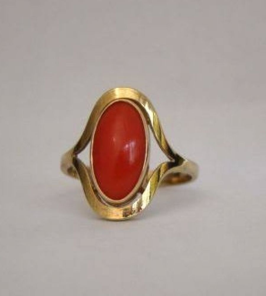 Red coral gold ring natural red coral with gold ring Moonga stone with ...