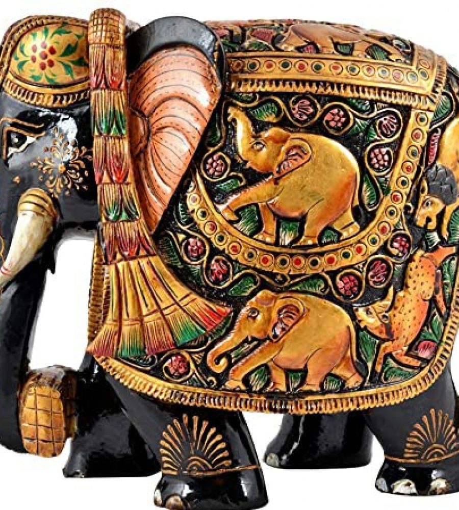 Wooden Elephant hand painted wooden elephant trunk down 6 inches