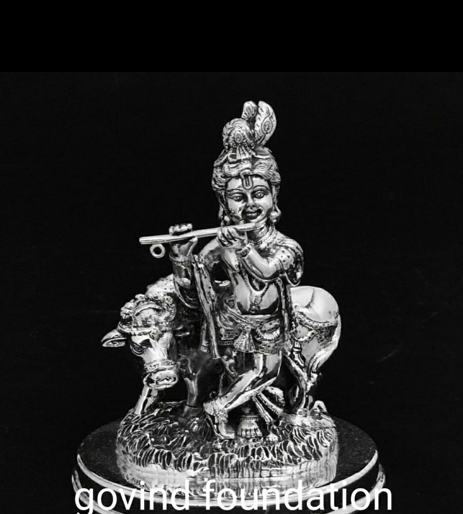 Silver Krishna idol with cow 5.5 inches fine finish Chandi ke Krishna ...