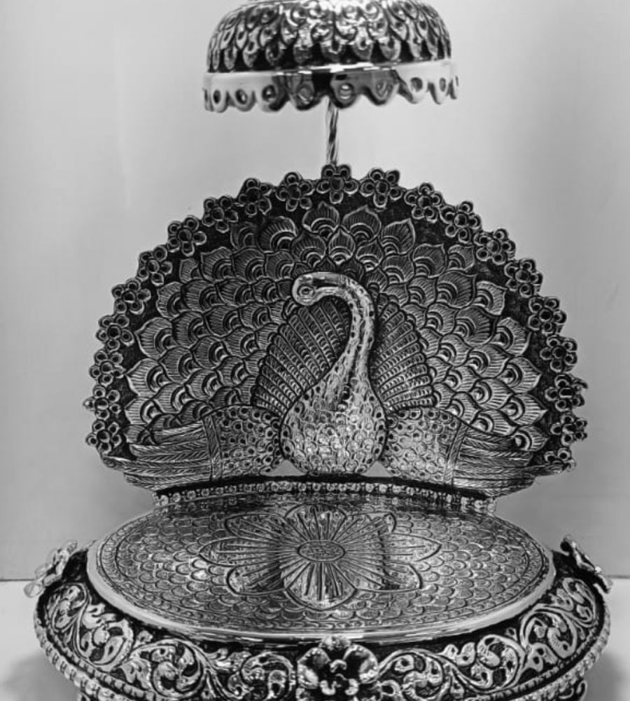 Silver Singhasan round shape Peocock design pure silver Throne Sinhasan