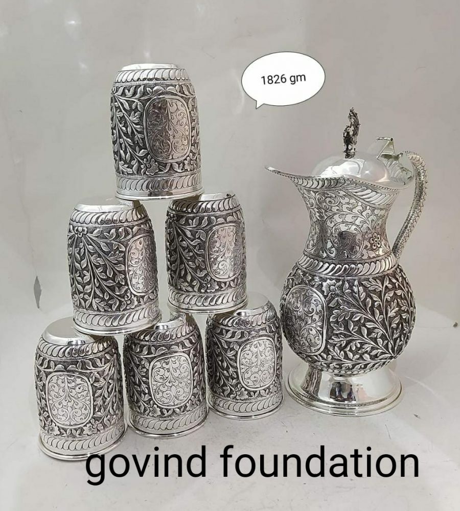 Silver Glass jug set 6 glass Jug set in pure silver
