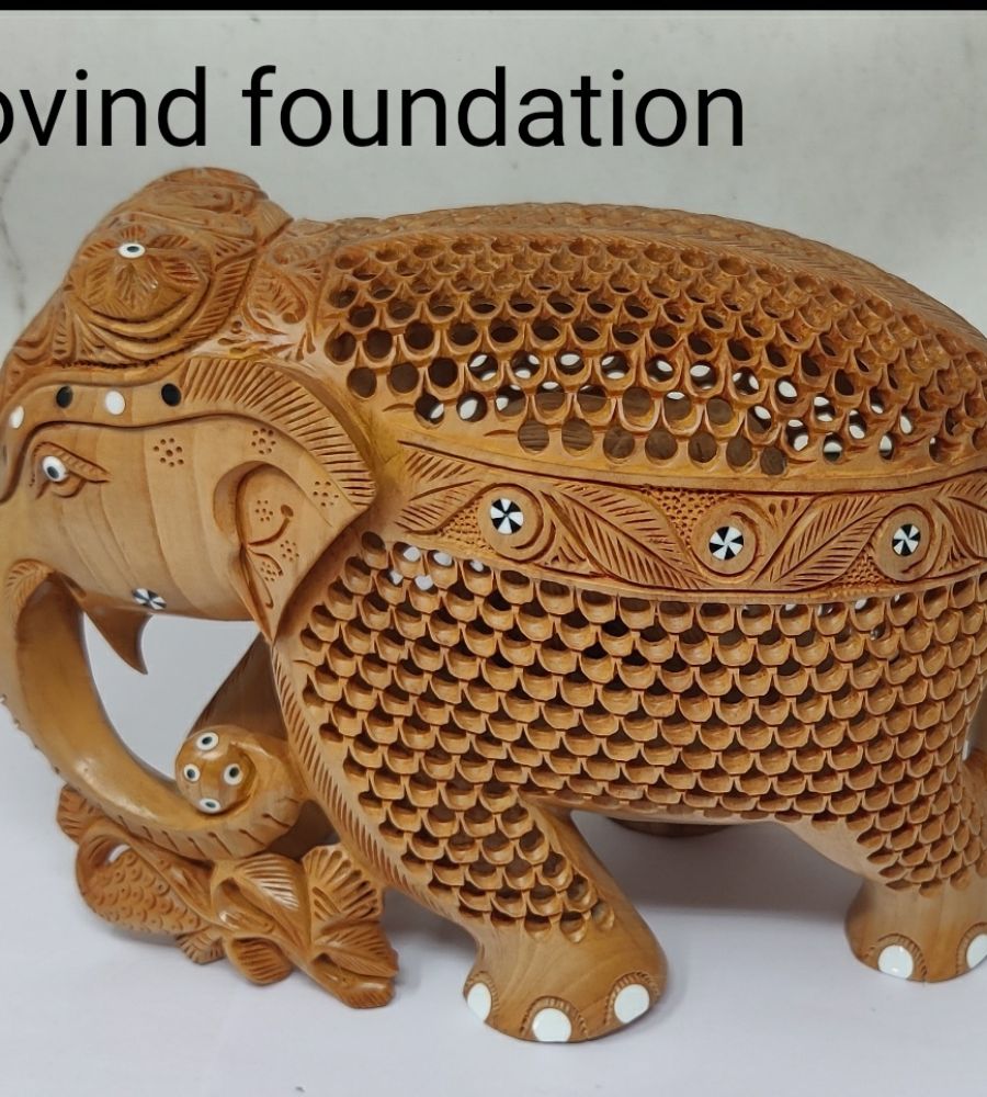 Wooden Elephant Sculpture Cutwork 8 inches Trunk down Handmade Elephant ...