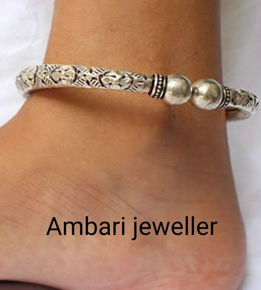 Silver Anklet kada ball design antique chitai work Anklet kada for women