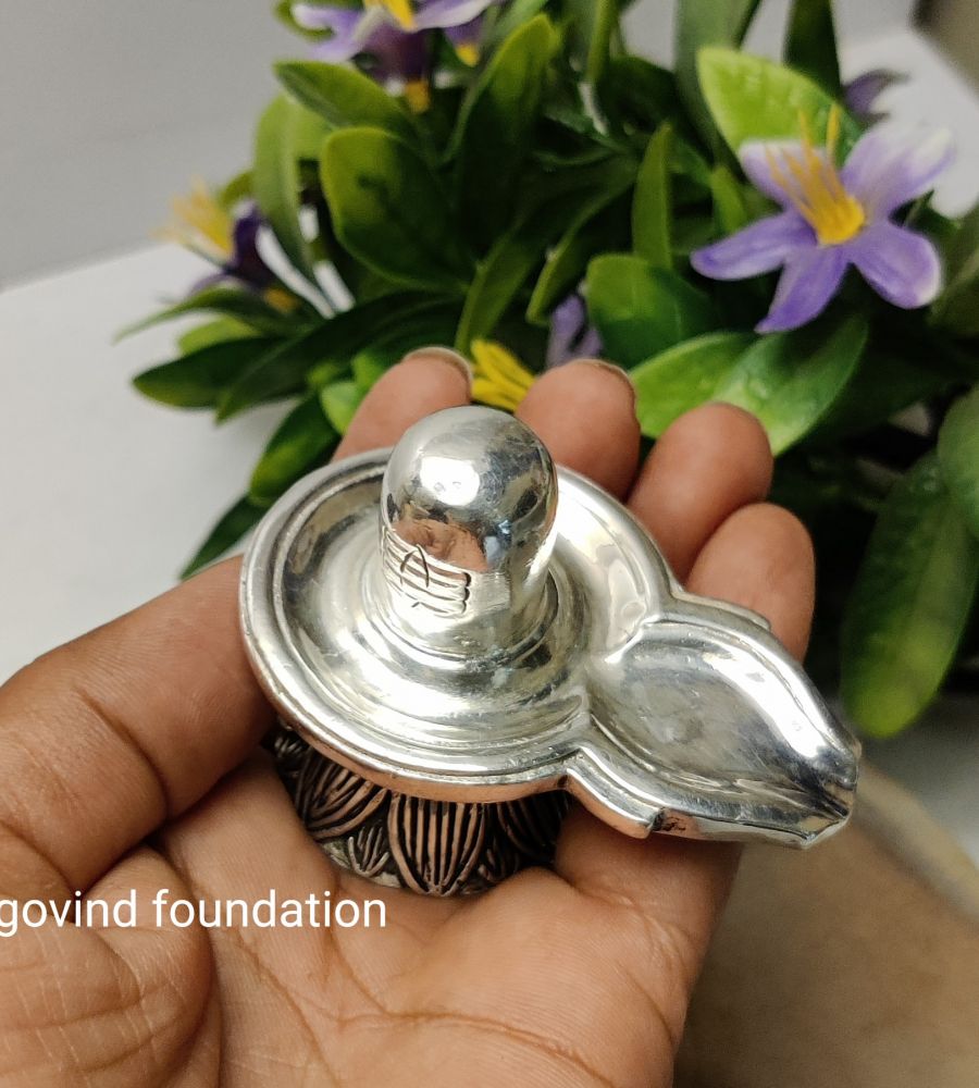 Pure Silver Shivling on Lotus 6Cm fine finish Solid Pure Silver Shivling