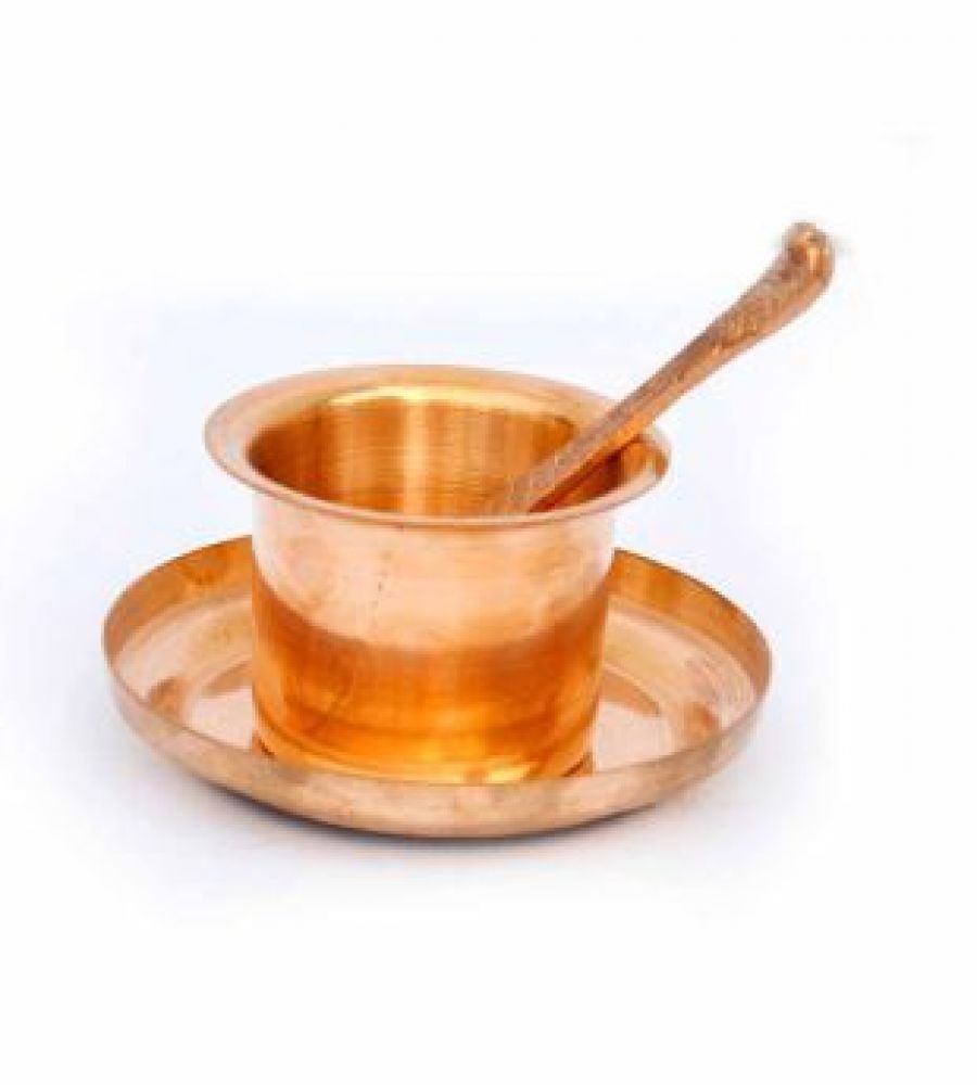 Copper pooja plate glass spoon set